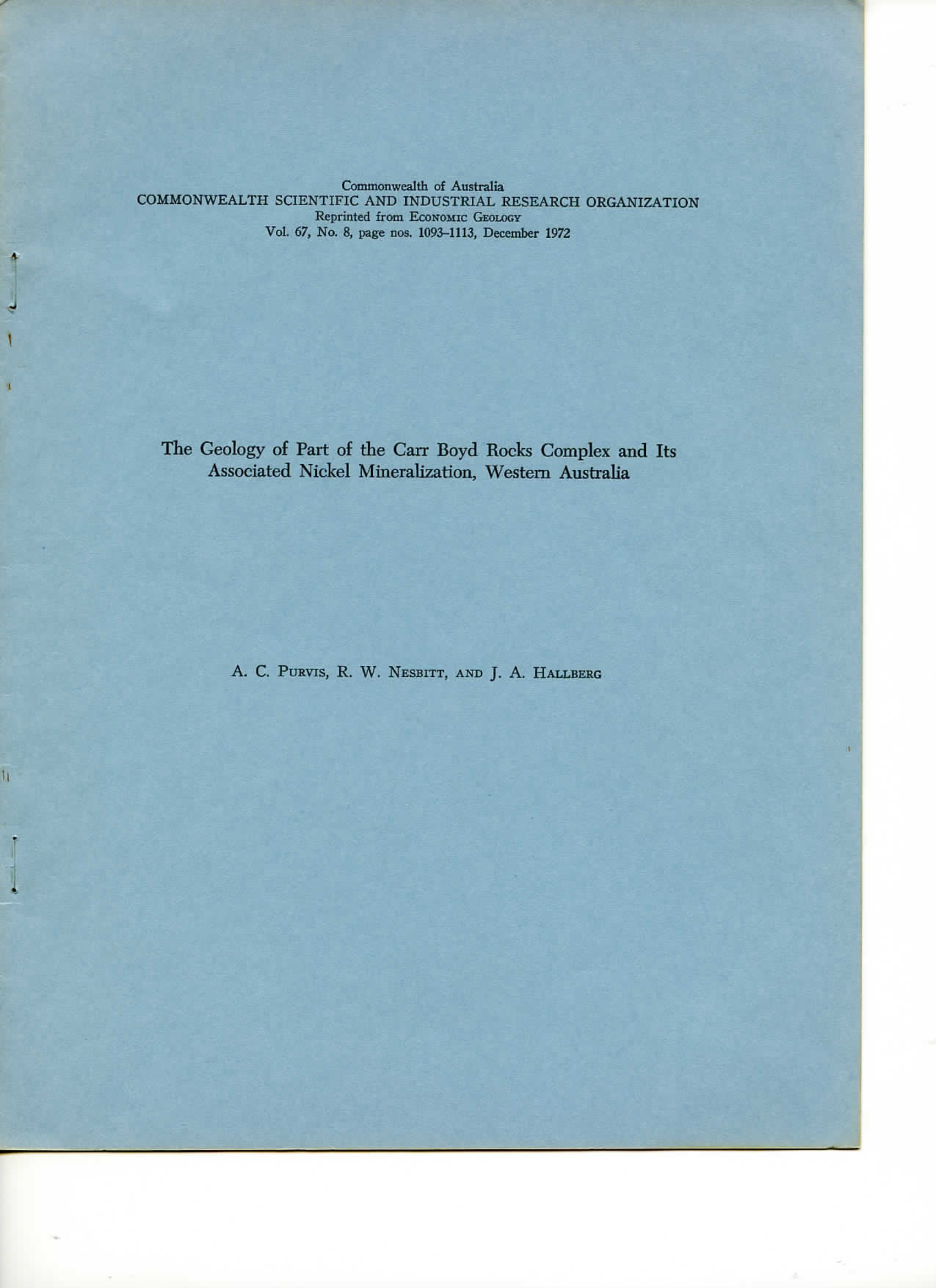 Purvis, A. C., Nesbitt, R. W. & Hallberg, J. A. 1972. The geology of ...
