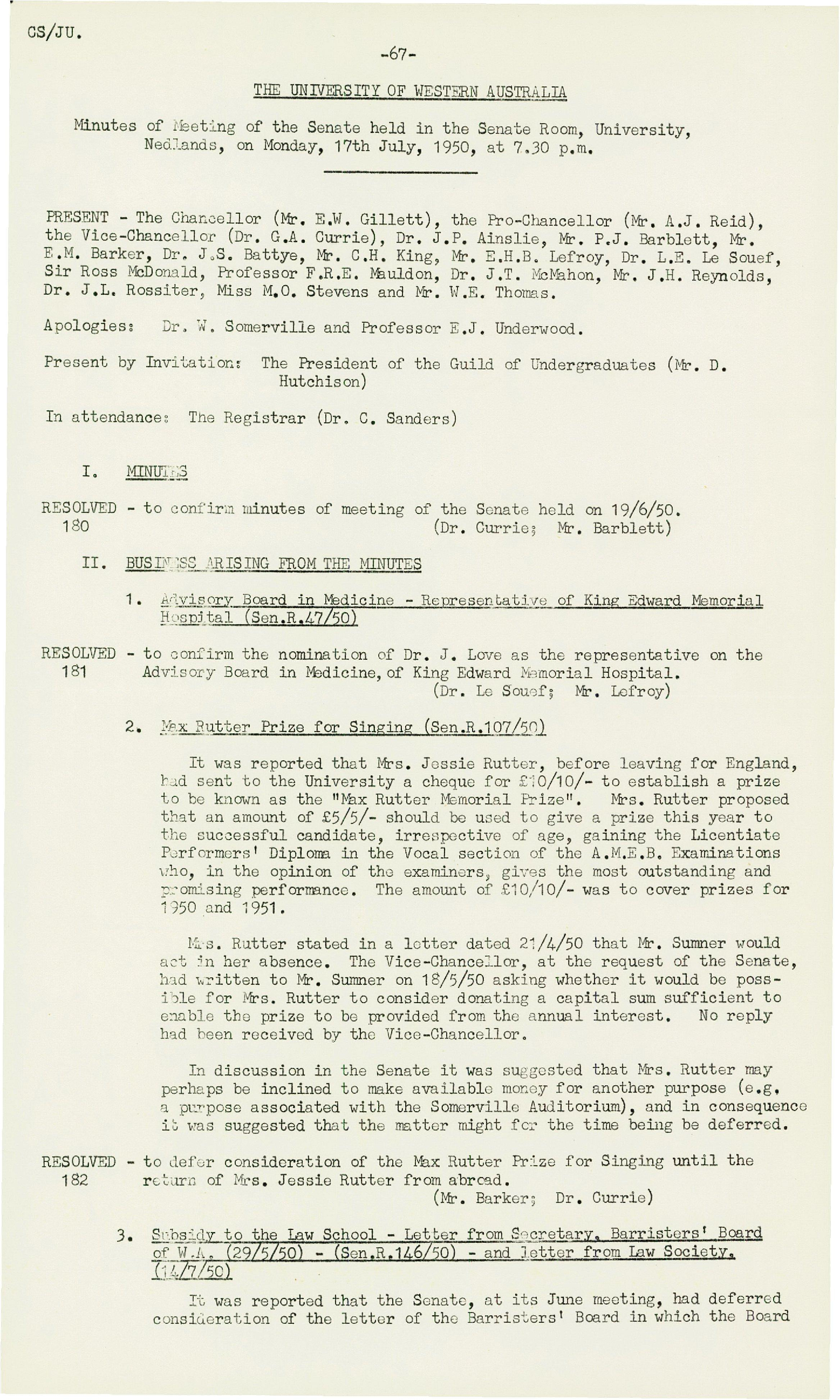 Minutes - Meeting of the Senate - 17 July 1950 - Folio 67 - 77 | UWA ...